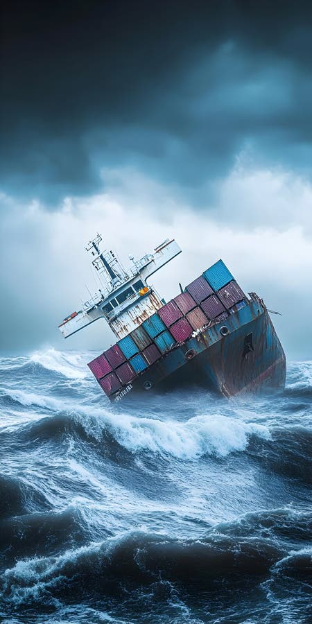A Sinking Cargo Ship with Containers during a Storm in the Ocean ...