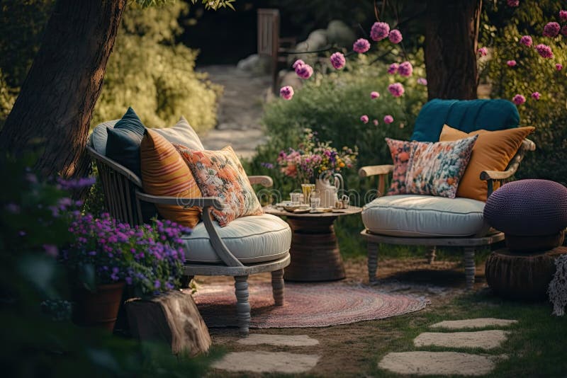 Sinking Chairs with Cushions on Patio in Bright Garden of Cozy Backyard ...