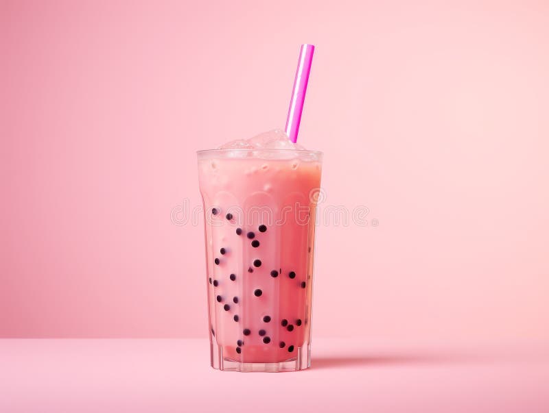 Sipping Summer: Enthralling Pink Bubble Tea Chill with Ice Cubes! Stock ...