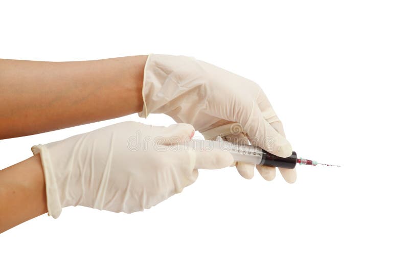 Siringa Con Sangue a Disposizione Su Bianco Immagine Stock - Immagine ...
