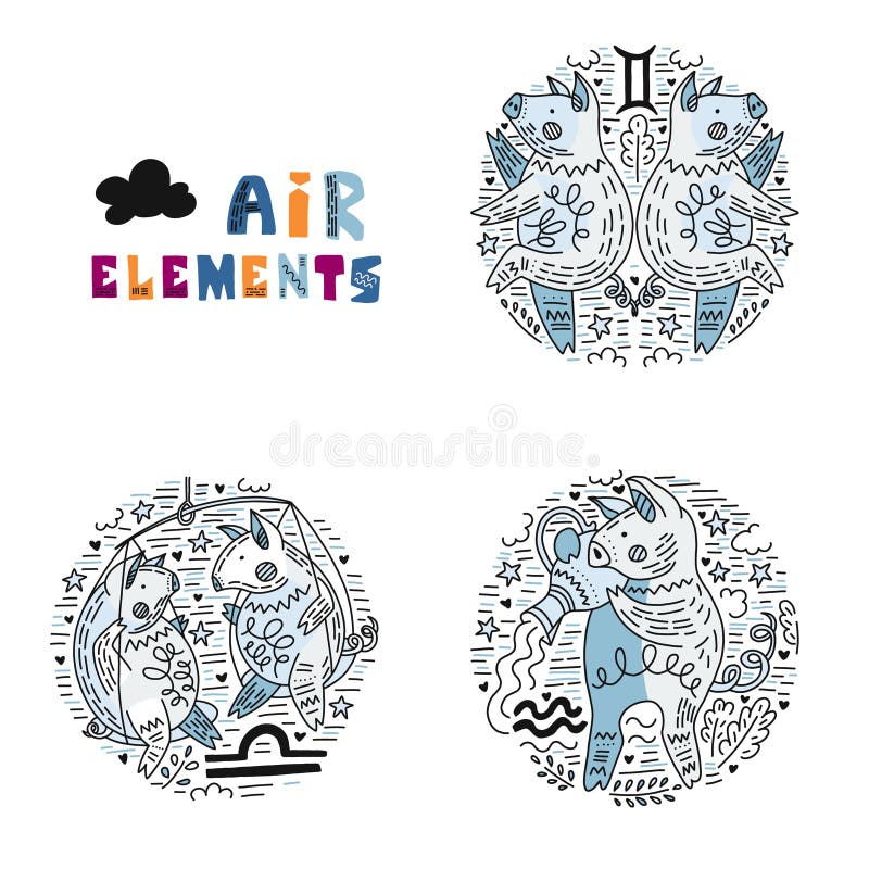 Sistema De Elementos Del Aire Del Zodiaco Ilustración del Vector ...