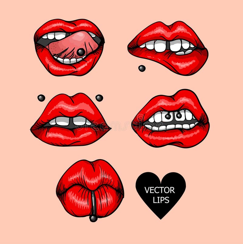 Sistema De Labios Rojos Con Perforaciones Ilustración del Vector ...