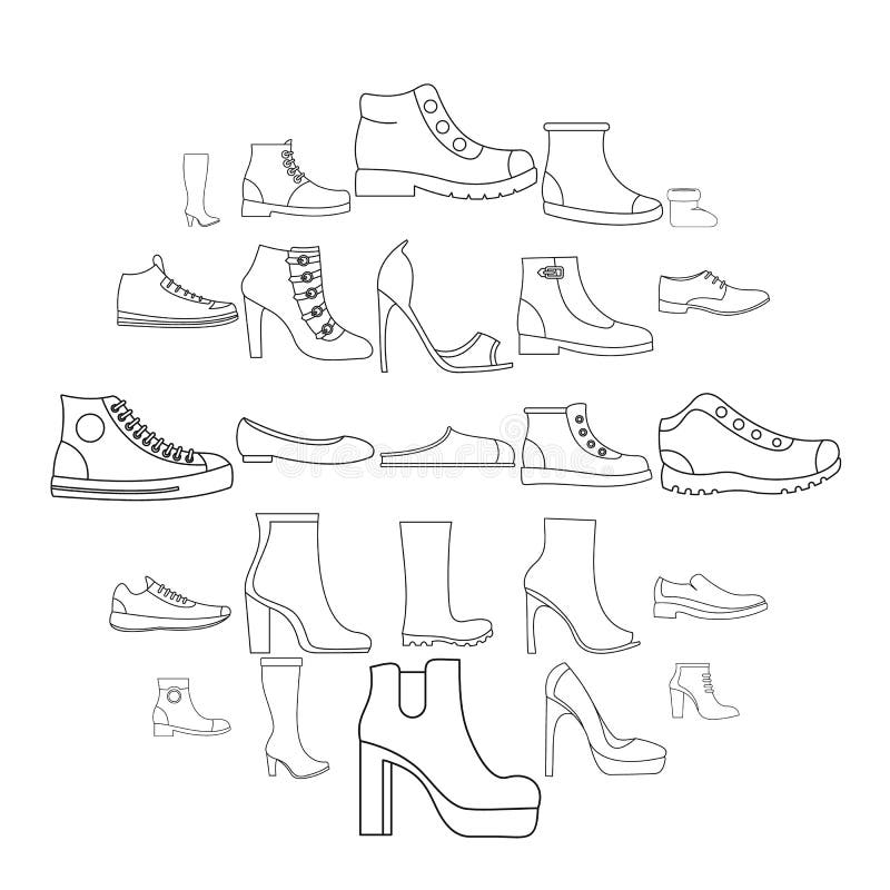 Sistema Del Icono De Los Zapatos Del Calzado, Estilo Del Esquema ... Sistema Del Icono De Los Zapatos Del Calzado, Estilo Del Esquema ...