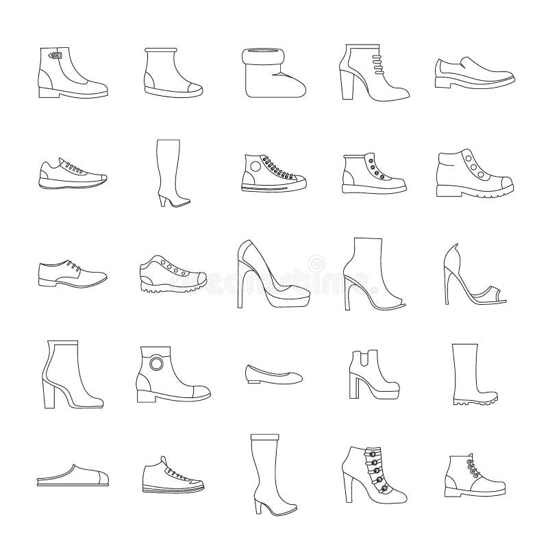 Sistema Del Icono De Los Zapatos Del Calzado, Estilo Del Esquema Stock ... Sistema Del Icono De Los Zapatos Del Calzado, Estilo Del Esquema Stock ...