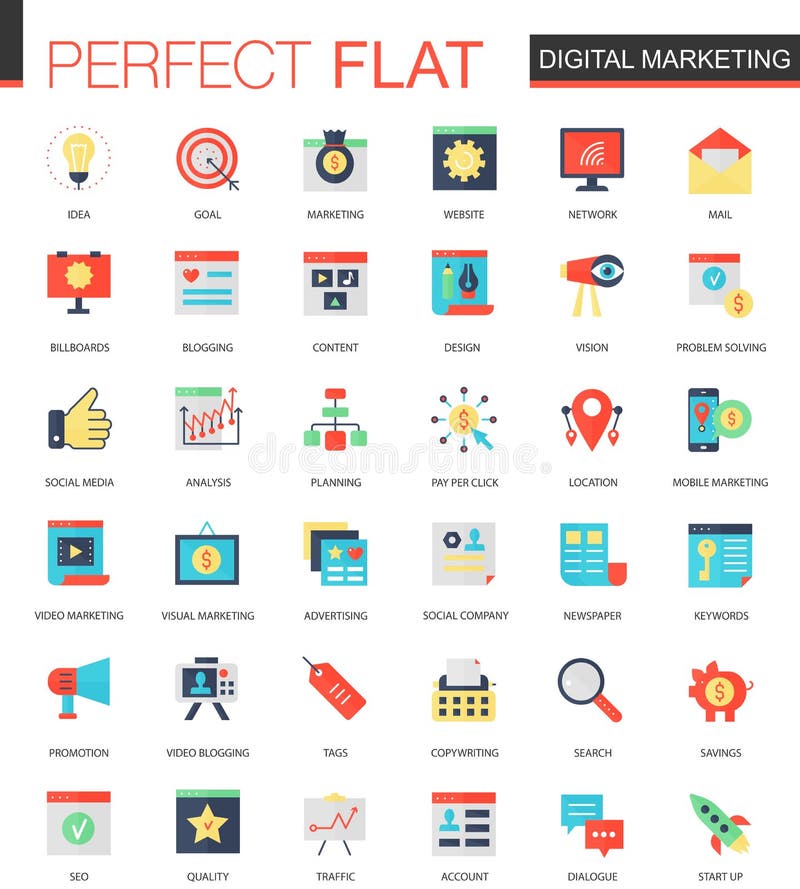 Sistema Del Vector De Iconos Digitales Planos Del Márketing Ilustración ...