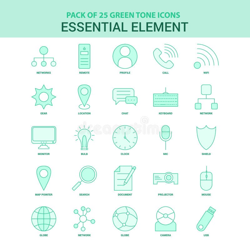 Sistema Esencial Verde Del Icono Del Elemento 25 Ilustración del Vector ...
