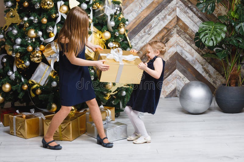 Sisters Fighting for Wrapped Present Standing beside Decorated ...