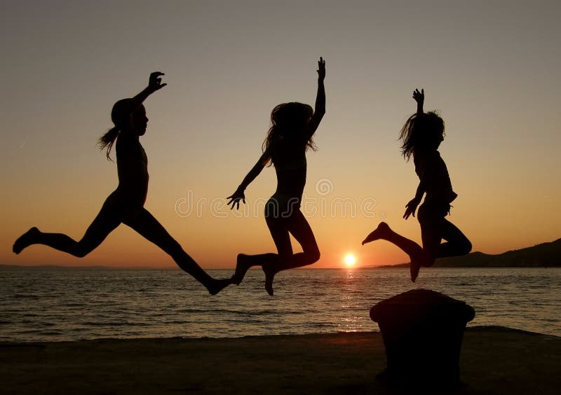 Sisters Dancing in Sunset on Sea Stock Image - Image of active, gold ...