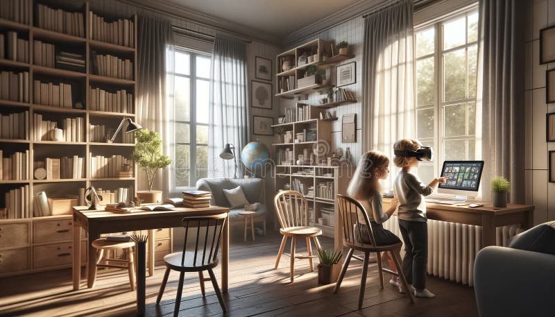 Sisters Exploring Virtual Worlds with AI-Assisted Learning Stock Photo ...