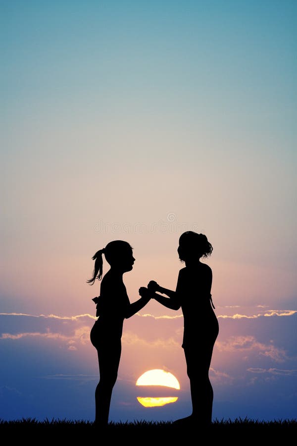 Sisters at sunset stock illustration. Illustration of funny - 156408429