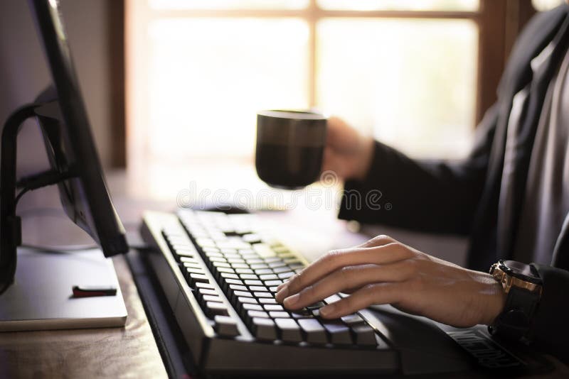Sit and Work on the Computer, Sip Coffee in the Morning Stock Photo ...