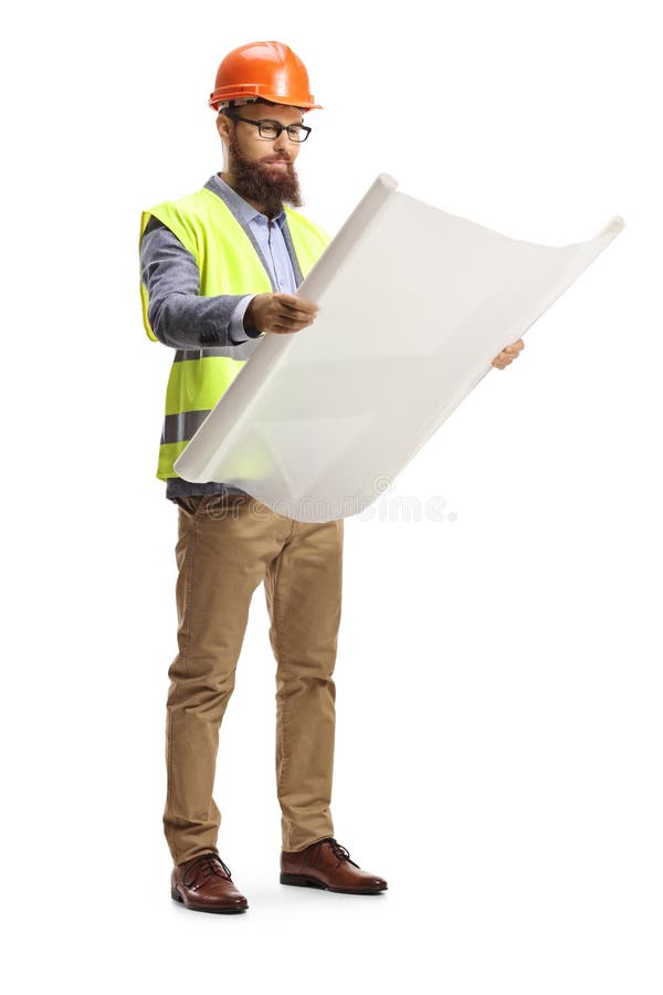 Site Engineer with a Helmet Standing and Looking at a Blueprint Stock ...
