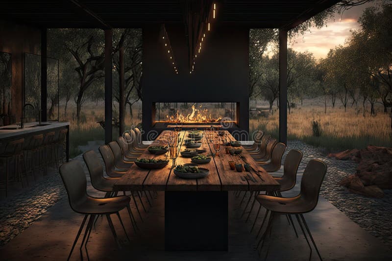 Site with Long Spacious Dining Table and Fire Burning in Grill Stock ...