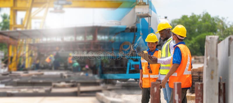 Site Manager and Builder Control Concrete Truck Mixer on Construction ...