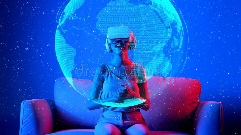 Siting on Sofa Woman Using VR Surface Earth Meta Pointing Bright ...