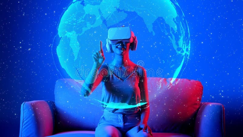 Siting on Sofa Woman Using VR Surface Earth Meta Pointing Bright ...