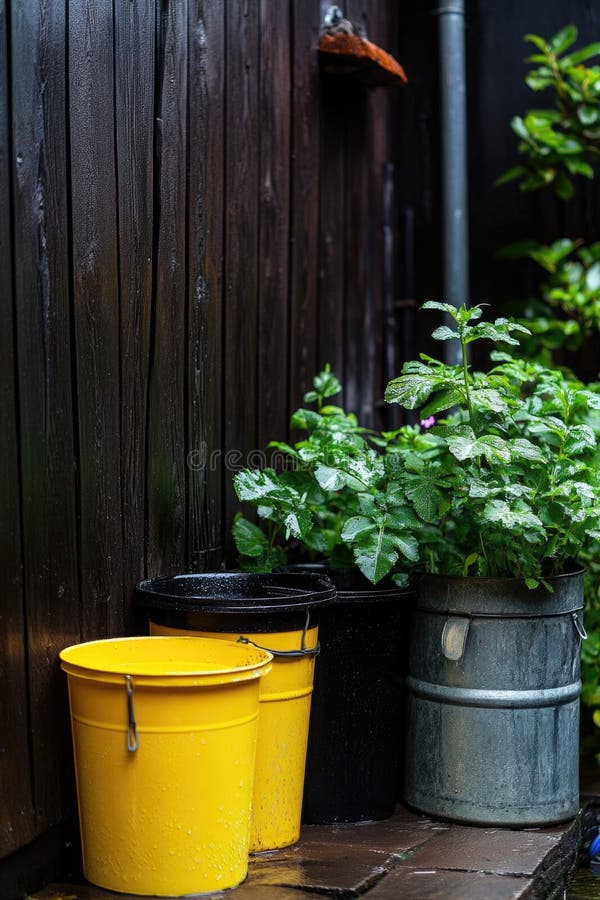 Sitting Buckets on Building Exterior Stock Image - Image of street ...