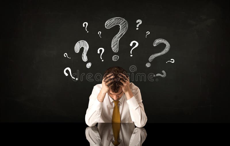 Sitting Businessman Under Question Marks Stock Photo - Image of concept ...