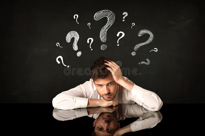 Sitting Businessman Under Question Marks Stock Photo - Image of ...