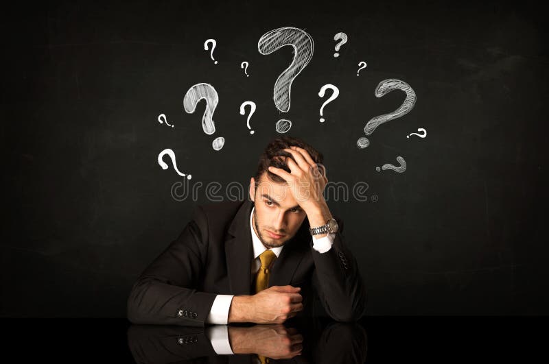 Sitting Businessman Under Question Marks Stock Photo - Image of ...