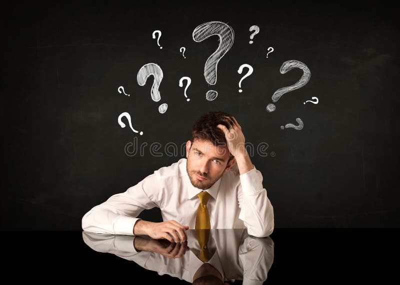 Sitting Businessman Under Question Marks Stock Photo - Image of ...