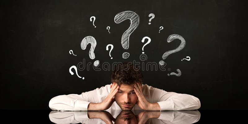 Sitting Businessman Under Question Marks Stock Photo - Image of asking ...