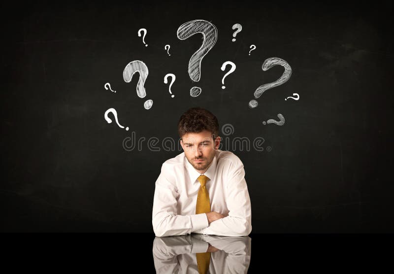 Sitting Businessman Under Question Marks Stock Image - Image of mind ...