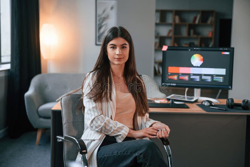 Sitting on the Chair. Designer S Software on the Screen Stock Image ...