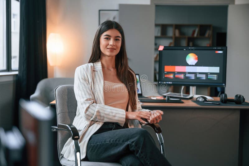 Drawing by Using Graphic Tablet. Woman is Working in the Modern Office ...