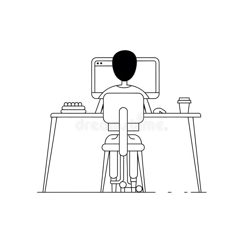 Sitting on a Computer Table Line Art Illustration Stock Vector ...