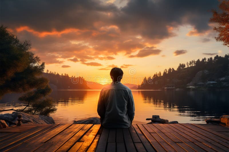 Sitting on a Deck, the Man Gazes at the Tranquil Sunset Stock ...