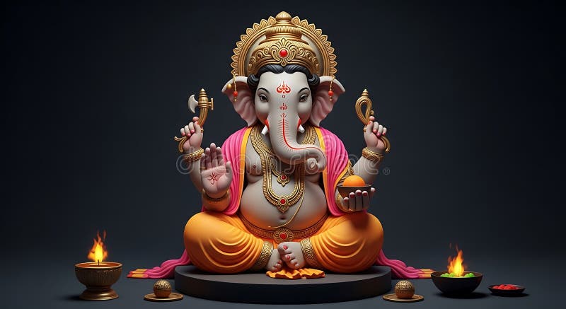 Sitting Elephant God Statue with Offering Candles and Decorative ...