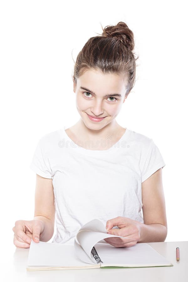 Sitting Female Teenager Browsing in an Open Empty Book Stock Photo ...