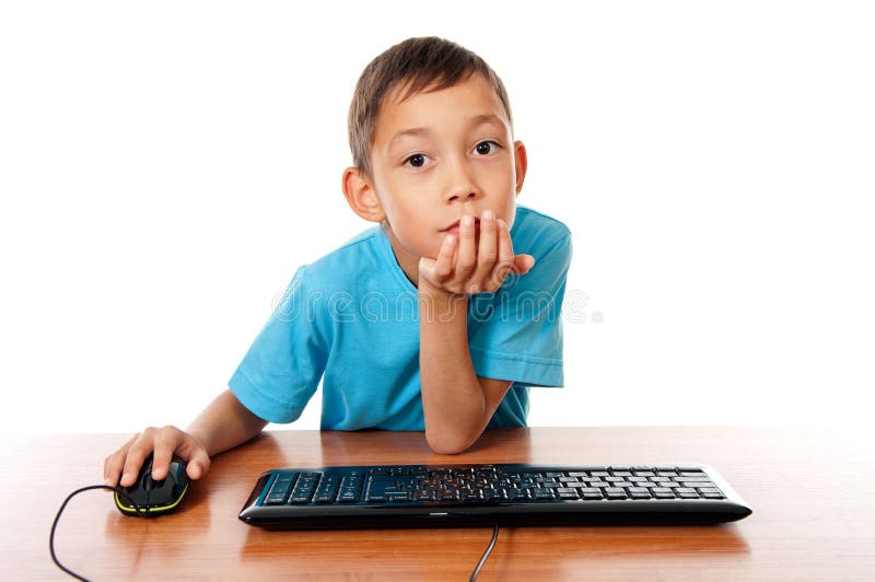 Boy Sitting in Front of Computer Stock Image - Image of education ...