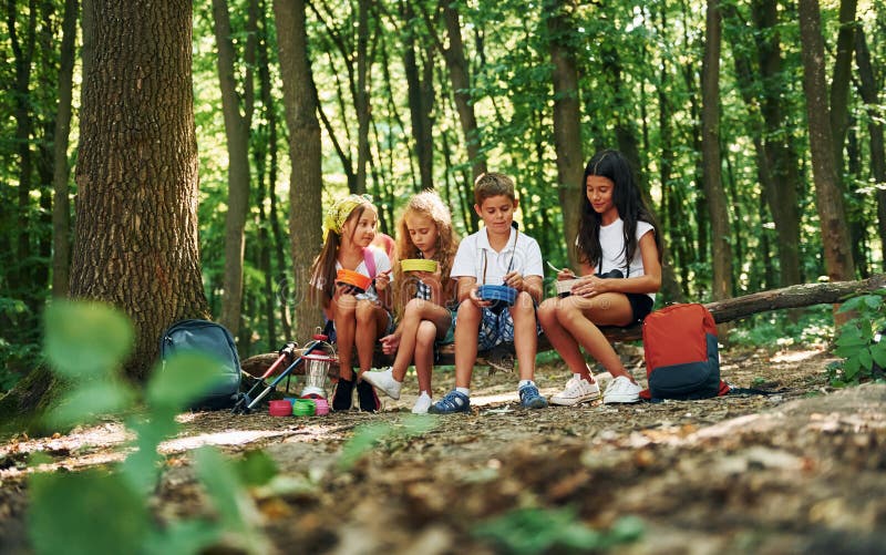 Sitting and Having a Rest. Kids Strolling in the Forest with Travel ...