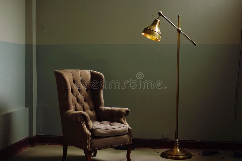 Sitting in Highbacked Chair, Brass Floor Lamp Overhead Stock Image ...