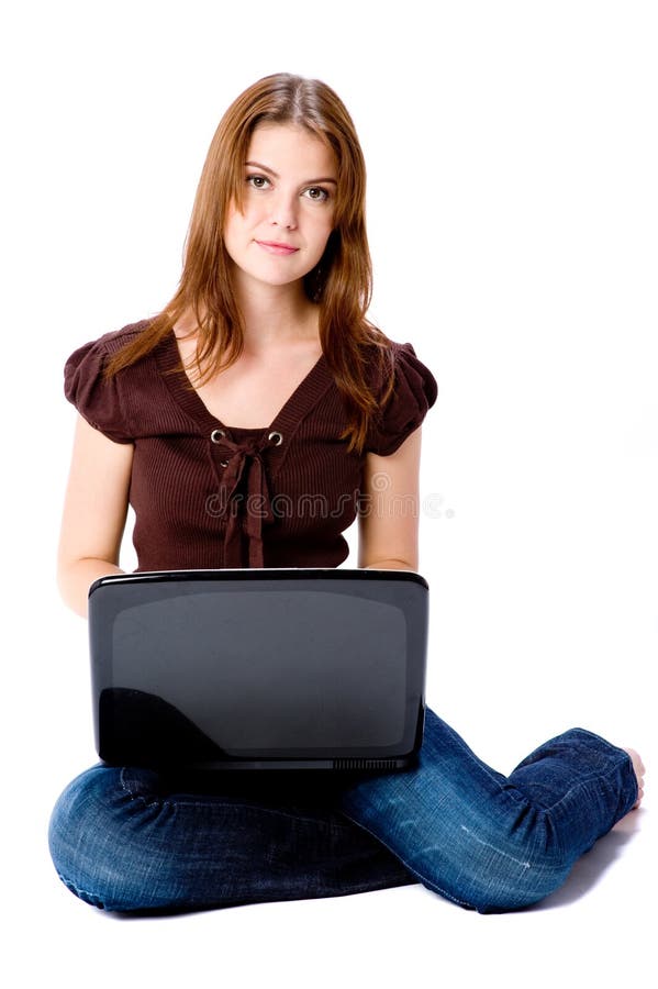 Beautiful Young Woman with a Laptop on Couch Stock Image - Image of ...