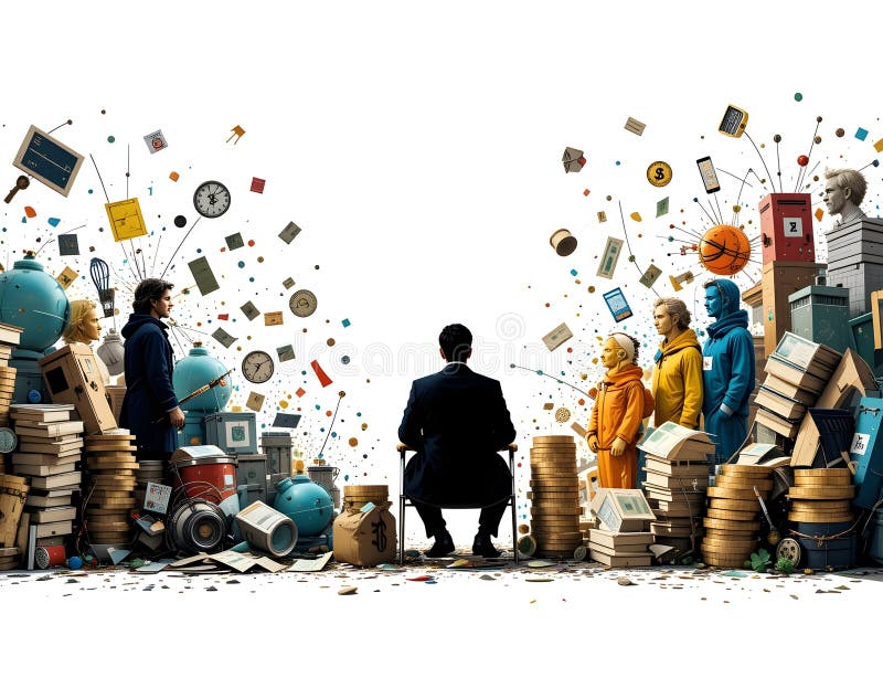 Sitting Man Surrounded by Objects and People, Diverse Perspectives ...