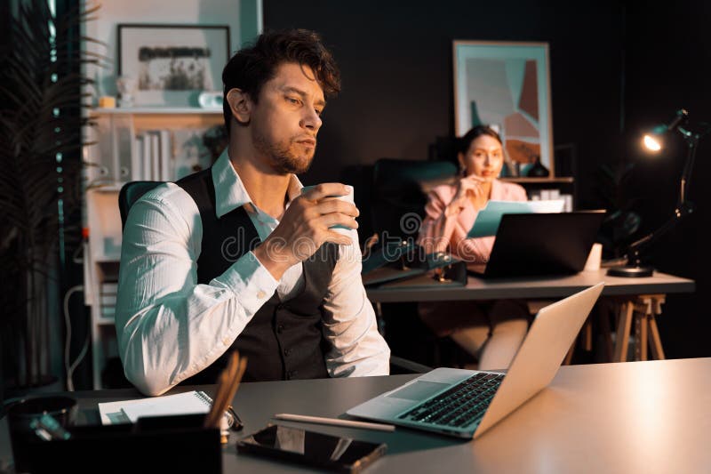 Sitting Man Working Laptop Waiting Email Holding Coffee Cup Postulate ...