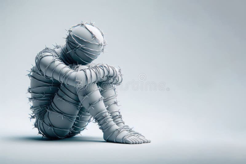 A Sitting Man Wrapped in Barbed Wire. Space for Text. Stock ...