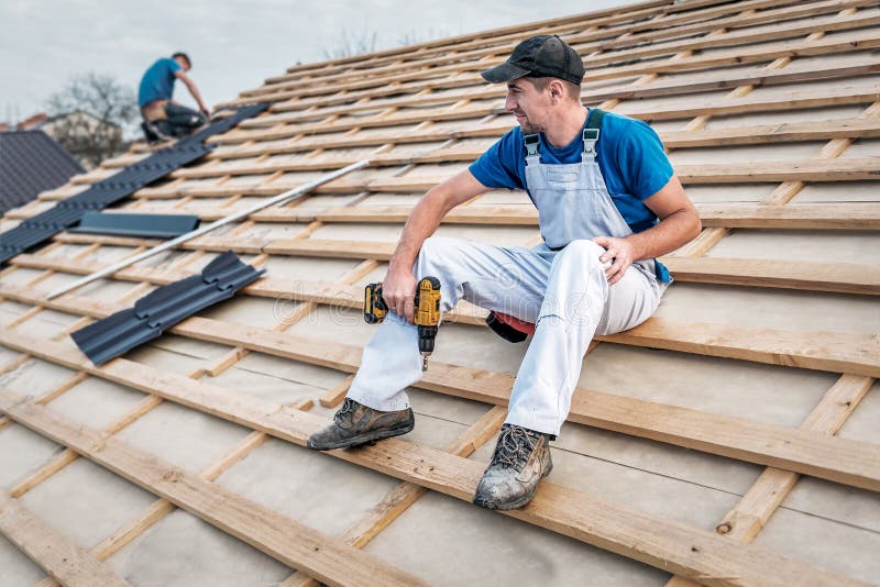 Sitting Professional Roof Master Stock Photo - Image of material ...
