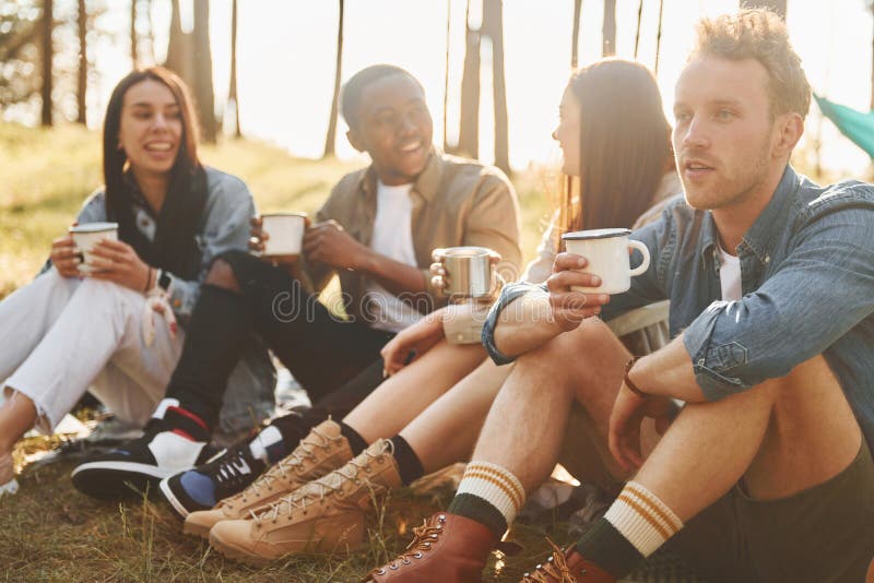 Sitting and Resting. Group of Young People is Traveling Together in the ...