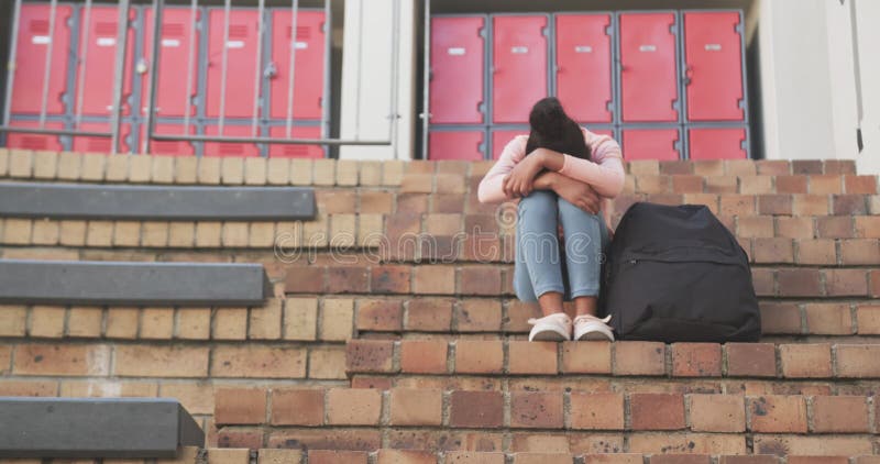 Sitting on School Steps, Student with Backpack Feeling Sad and Lonely ...