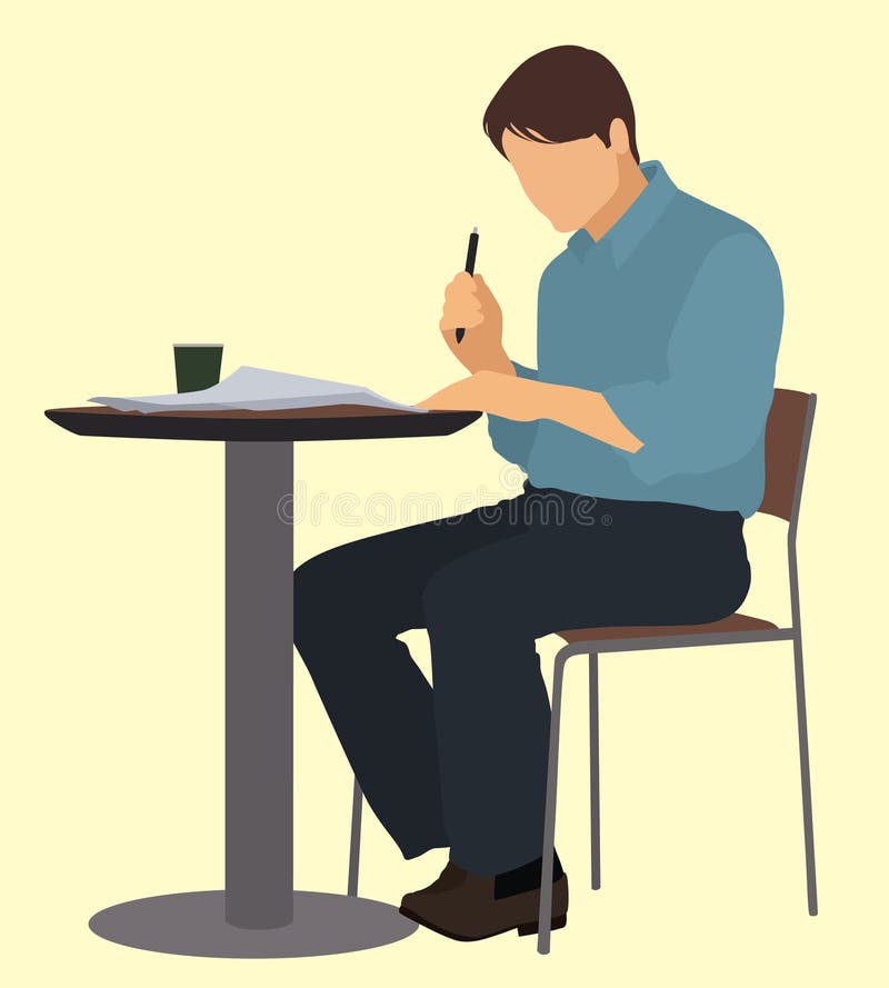 Man is Sitting on the Table and Working with Laptop Stock Vector ...