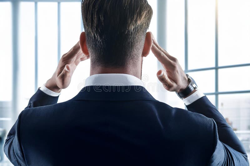 Generated Image Scene of a Man in a Suit Holding His Head Down at Work ...