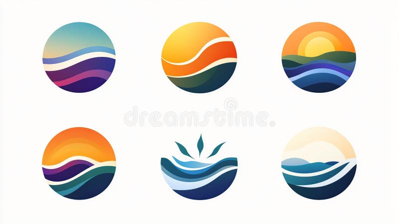 Six Abstract Circular Logos Depicting Stylized Ocean Waves and Sunsets ...