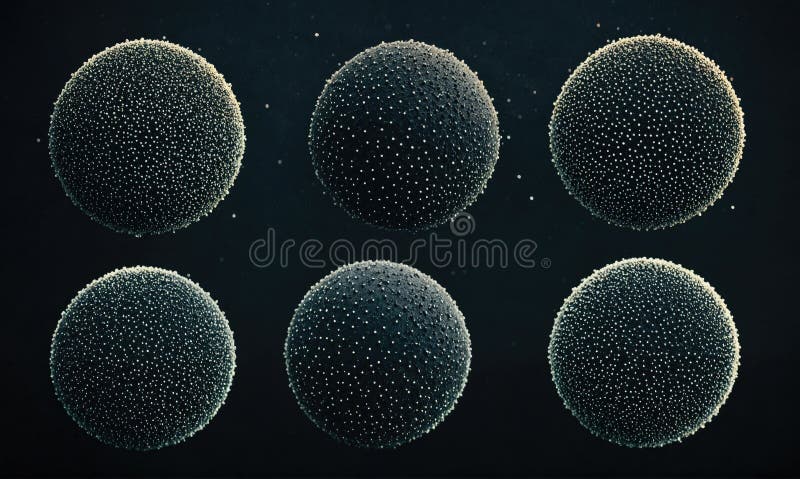 Six Abstract Spheres are Arranged in Two Rows of Three, Against a Dark ...