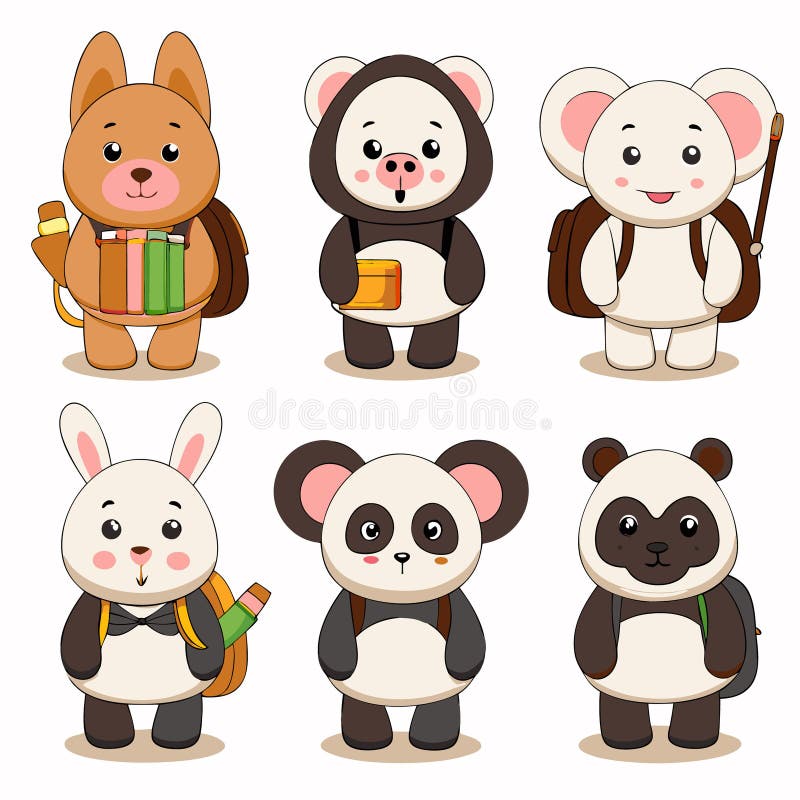 Six Adorable Cartoon Animals with Backpacks Ready for School Stock ...