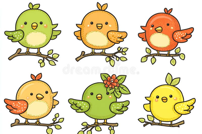 Six Adorable Cartoon Birds Perched on Branches Springtime Illustration ...