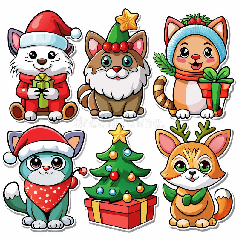 Six Adorable Cartoon Cats and a Christmas Tree Celebrating Christmas ...